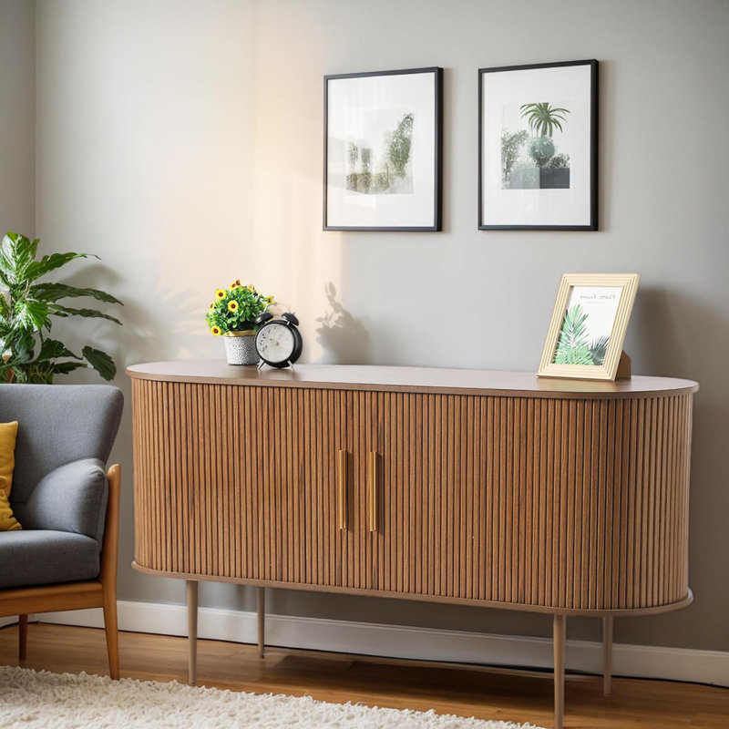 Mercer41 55.1" Storage Cabinet with Tambour Doors and Shelves, Fluted Sideboard Buffet Cabinet ...